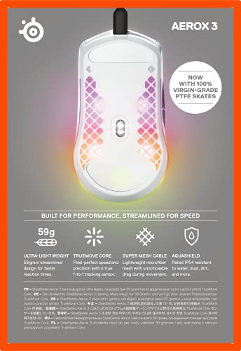 SteelSeries Aerox 3 - Holey RGB Gaming Mouse - Ultra-lightweight Water Resistant Design - 8,500 DPI TrueMove Core Optical Sensor - Snow