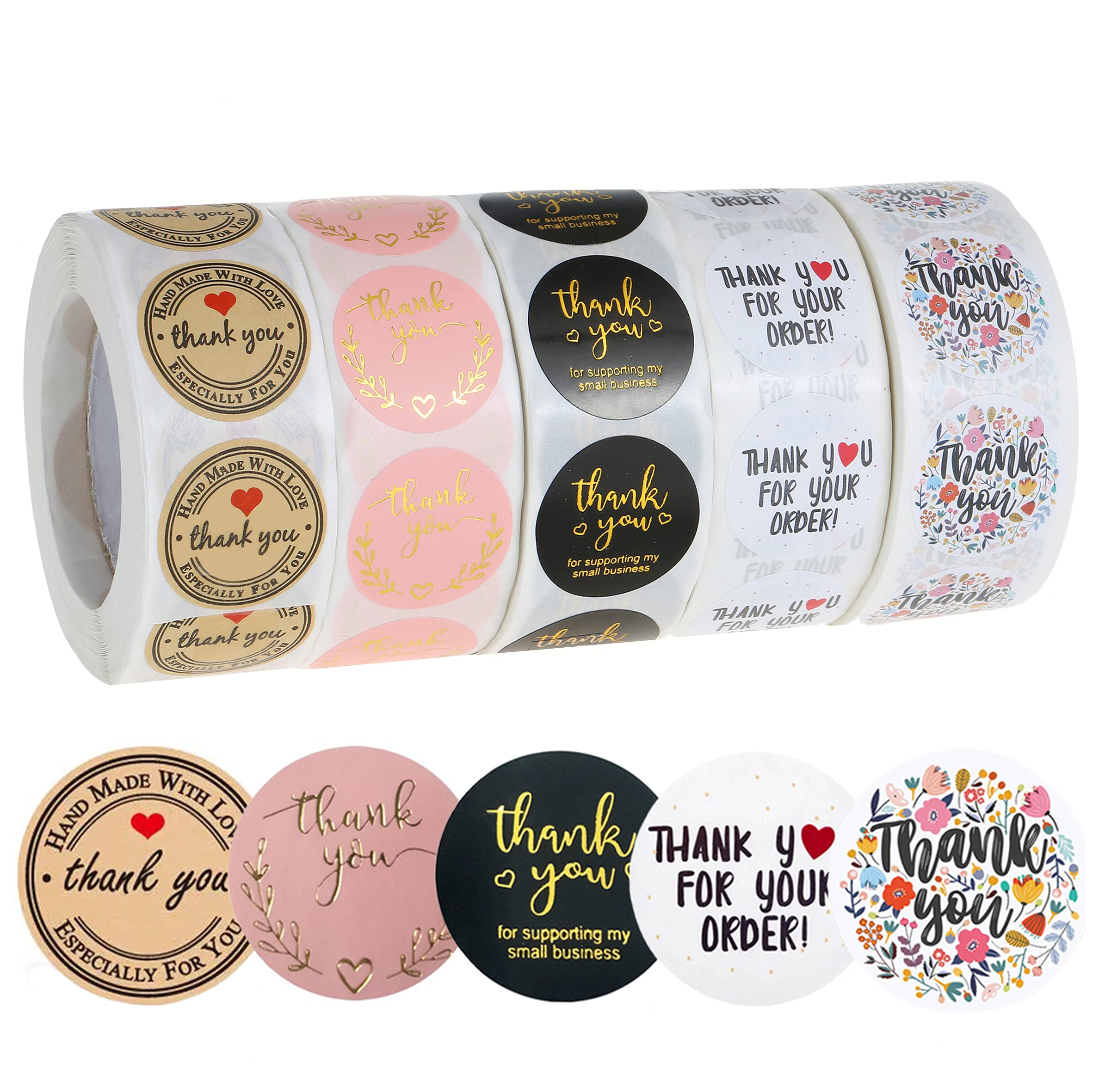 Thank You Stickers 2500 Pieces Round Kraft Label Seals Small Business Stickers for Greeting Cards Envelopes Decor or Gift Bags Packaging (5 Rolls Pattern A)