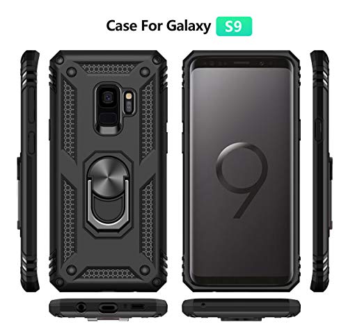 Androgate for Samsung Galaxy S9 Case with HD Screen Protectors, Military-Grade Metal Ring Holder Kickstand 15ft Drop Tested Shockproof Cover Case for Samsung Galaxy S9 (2018), Black