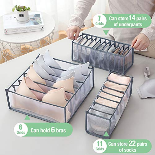 ABC life 3Pcs Underwear Drawer Organizer Set, Foldable Sock Bra Underpants Organizer Drawer Divider, Washable Closet Cabinet Storage Boxes for Clothes, Stockings, Ties and Bras (6+7+11 Grid, Grey)