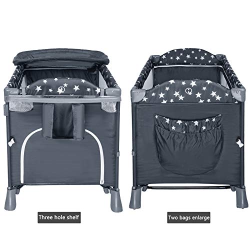 Heyo.Ja Portable Baby Playard, 4 in 1 Pack and Play, Baby Bedside Sleeper with Bassinet, Changing Table, Foldable Bassinet Bed with Luxury Mosquito Net for Boys Girls Infant(Gray)