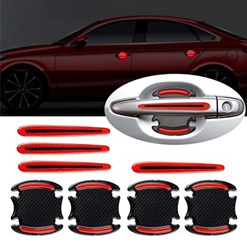 8pcs Universal 3D Carbon Fiber Texture car Door Handle Door Bowl Paint Scratch Protector Protective Cover Protective Film car Outdoor Safety Decoration Reflective Strip(Red)