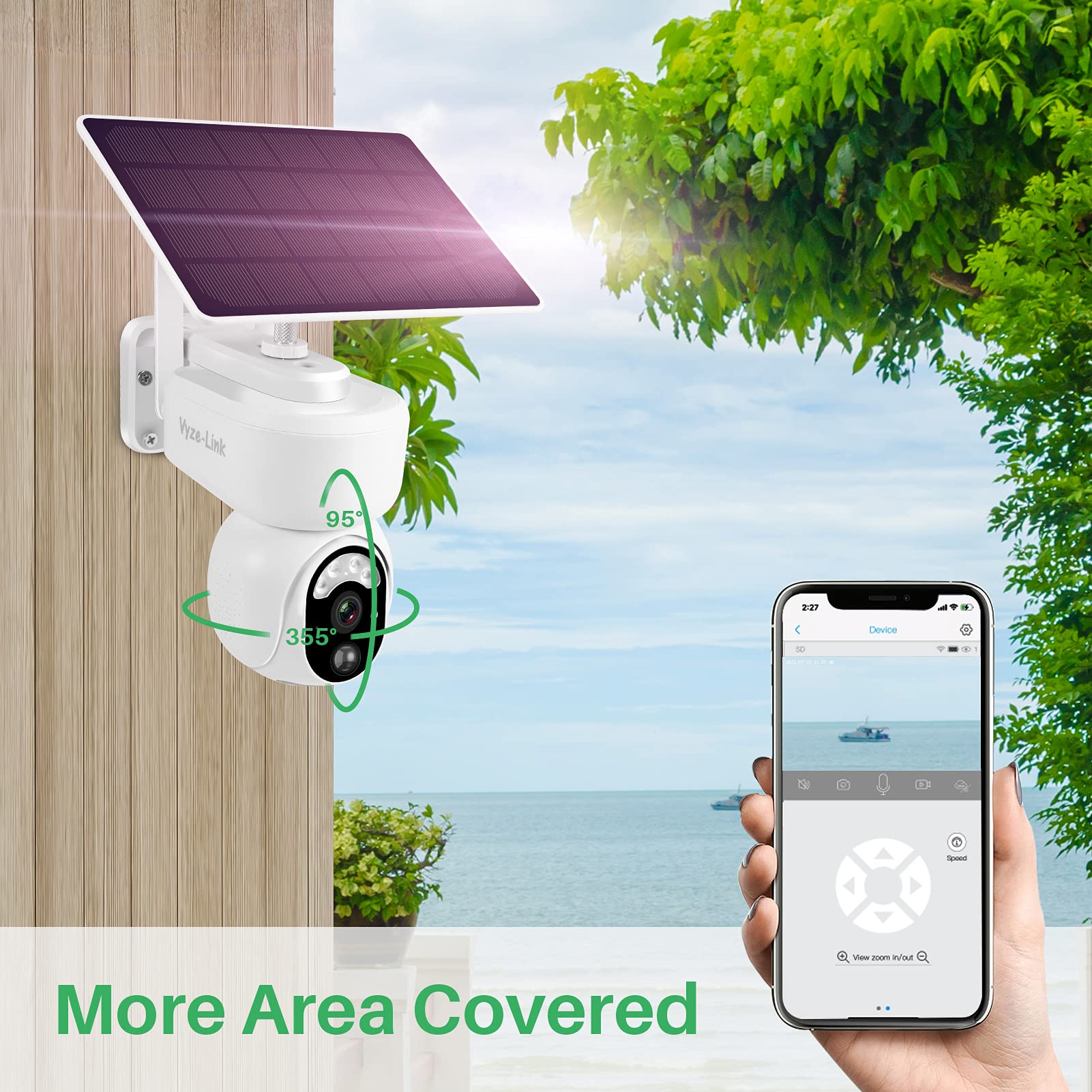 Vyze-Link Solar Security Camera Outdoor WiFi Wireless, Built-in Battery Powered, No Wire Needed, w/ 4 Spotlights, PIR Motion Detection, 2MP HD Video