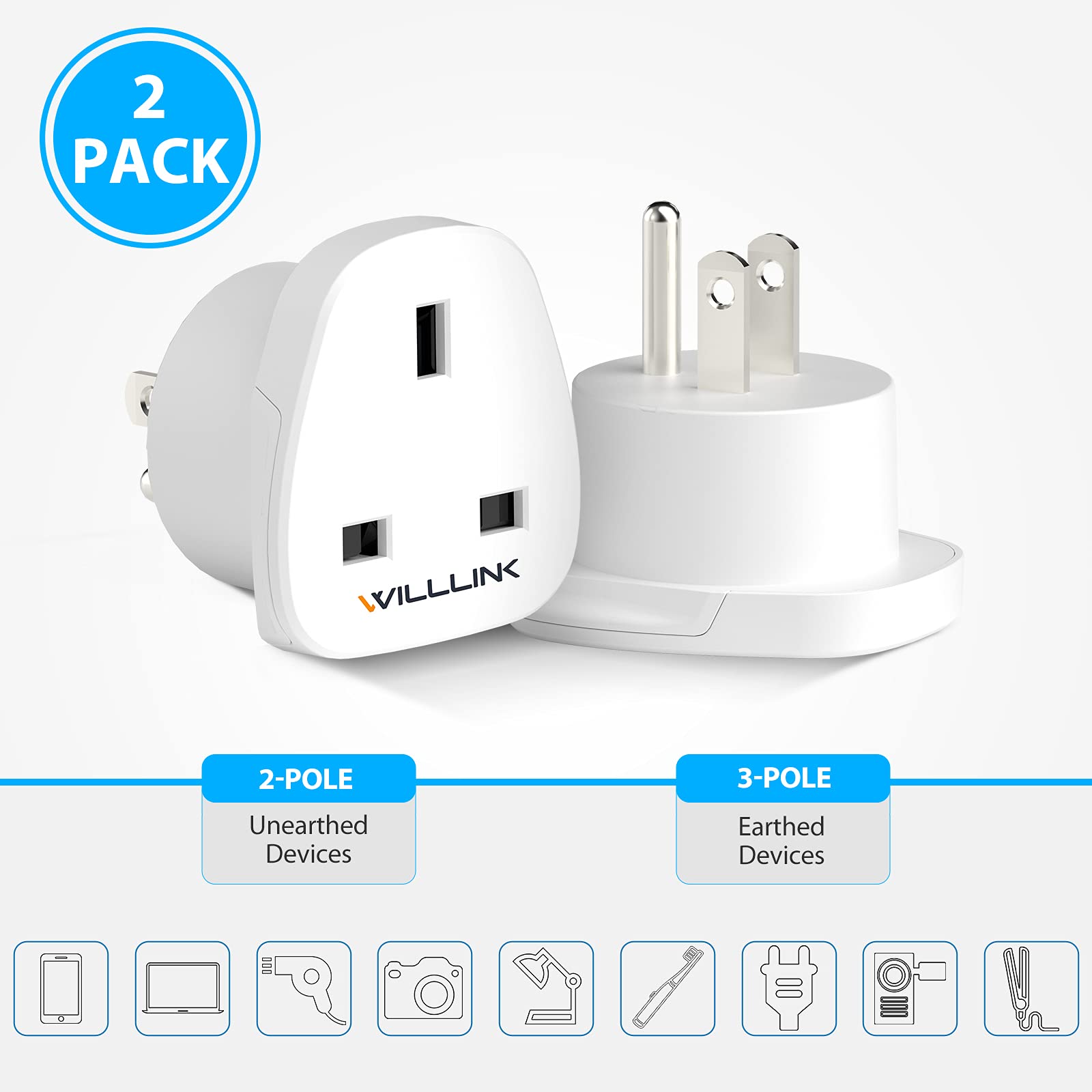 UK to US Plug Adapter [2pack], United Kingdom Plug to America Converter, Convert Type G Plugs from Britain Singapore HK Qatar Saudi UAE Ireland to USA Type B (White)