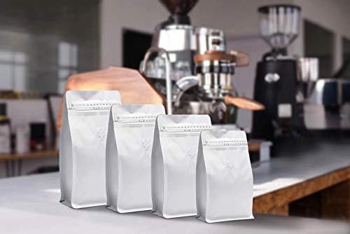 50 Pieces 12 Ounce White Kraft Paper Coffee Bags, Stand Up Coffee Pouches with One Way Degassing Valve and Reusable Side Zipper (Pull Tab to Open) Flat Bottom - Stand Up Well (12oz, 340gram)