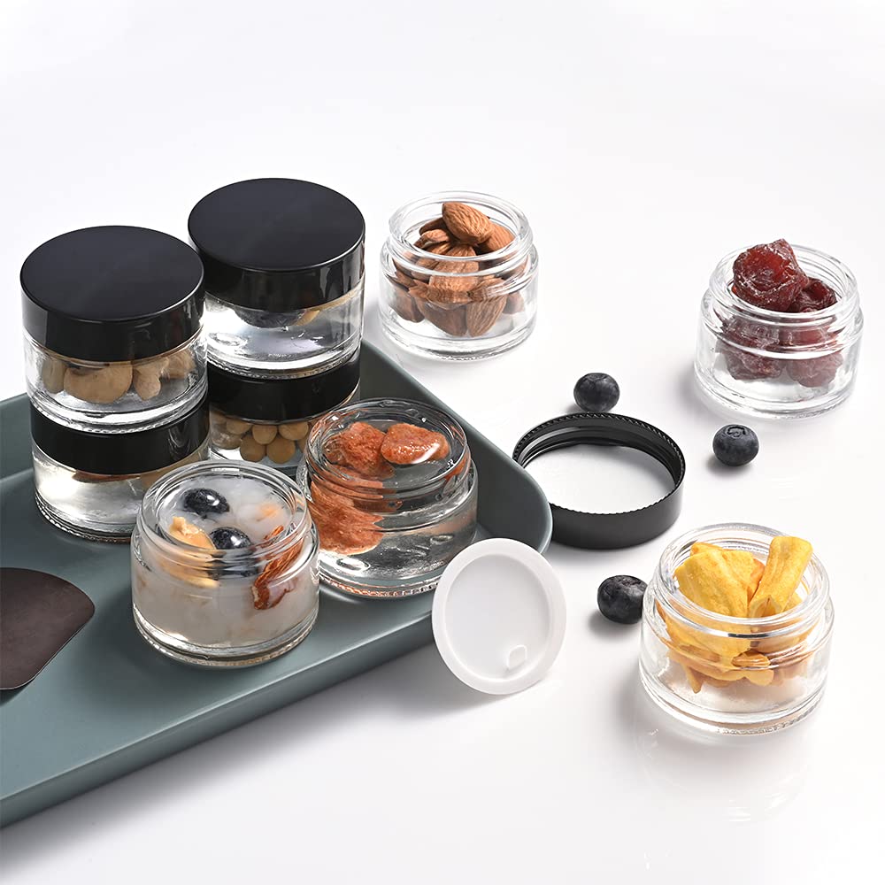 1 oz Small Glass Jars, Bumobum 48 pack Empty Round Clear Jars with Black Lids, White Labels & Inner Liners, Mini Cosmetic Containers for Cream, Lotion