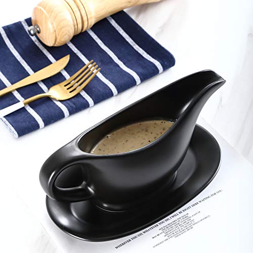 Bruntmor 11 Oz Black Ceramic Gravy Boat With Tray, 11 Ounce Small Ceramic Serving Dish, Dispenser with Tray For Sauces, Dressing and creamer, Gravy Boat With Saucer For Thanksgiving And Christmas