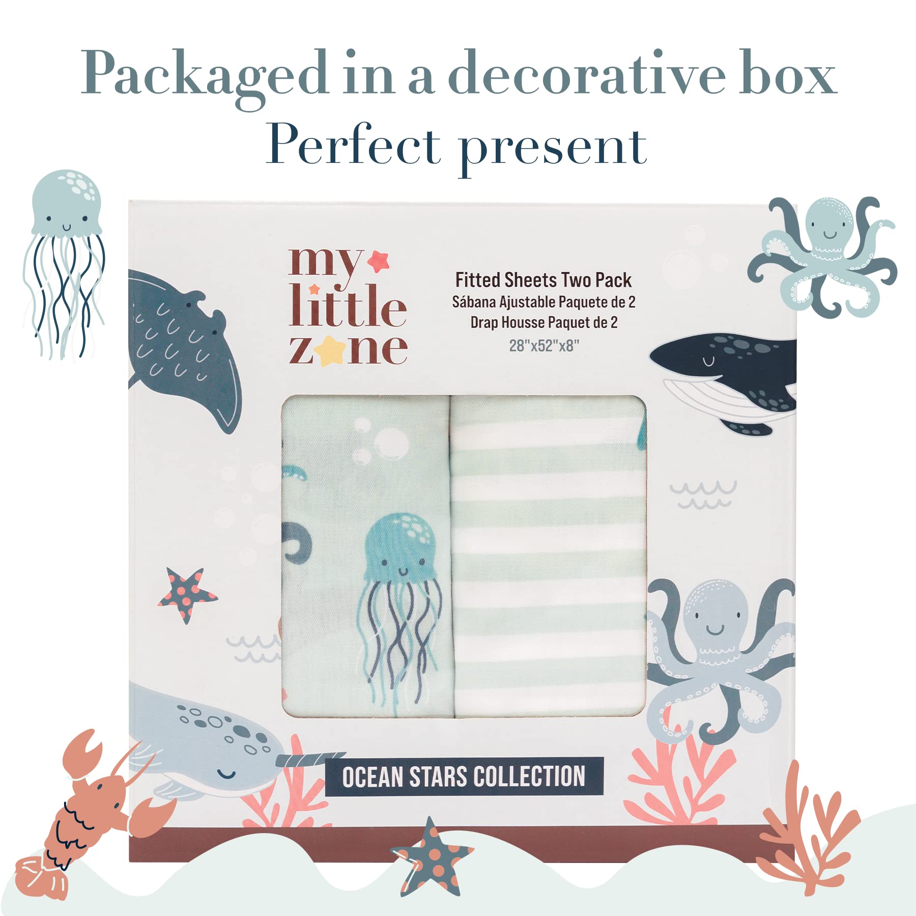 100% Cotton Crib Sheets for Baby Boys and Girls, Ocean Crib Sheets - Ocean Stars, Teal-White, 2 Pack Nautical Crib Sheets, Ocean Nursery Decor