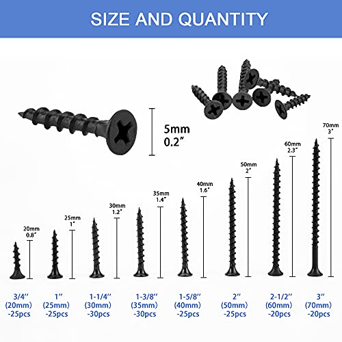 XOOL 200PCS Drywall Screws #7 Coarse Thread Sharp Point Self Tapping Screws Assortment Kit Black, Carbon Steel Wood Screws for Drywall Sheetrock, Wood, Furniture Cabinet