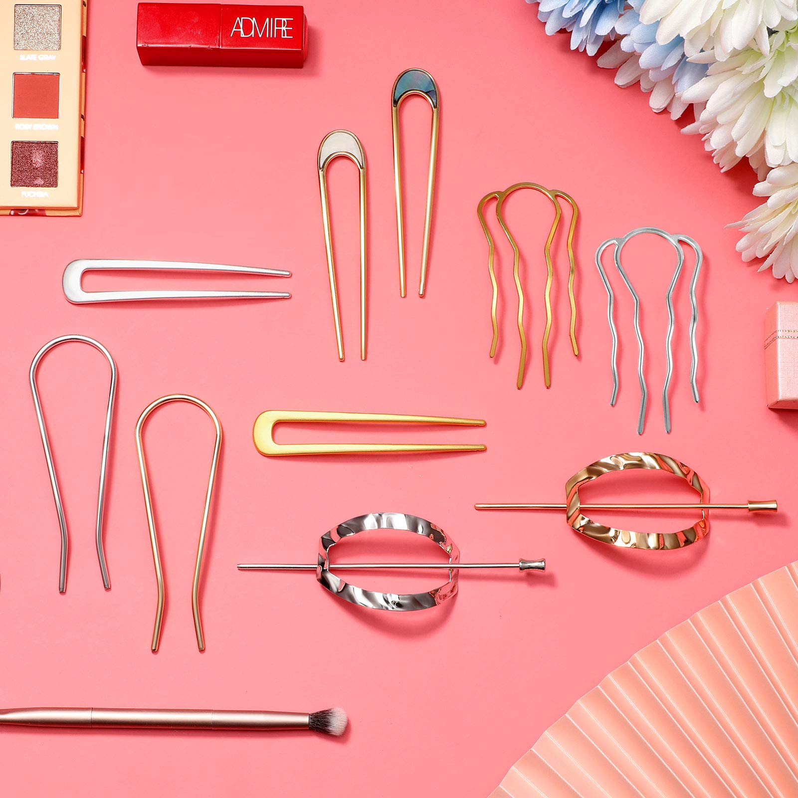 10 Pieces Metal U-Shape Oval Side Comb Hairpin Hair Fork Clip Stick Hair Bun Updo Sticks Gold Silver Chignon Pin Grips for Women Styling Tool Accessories