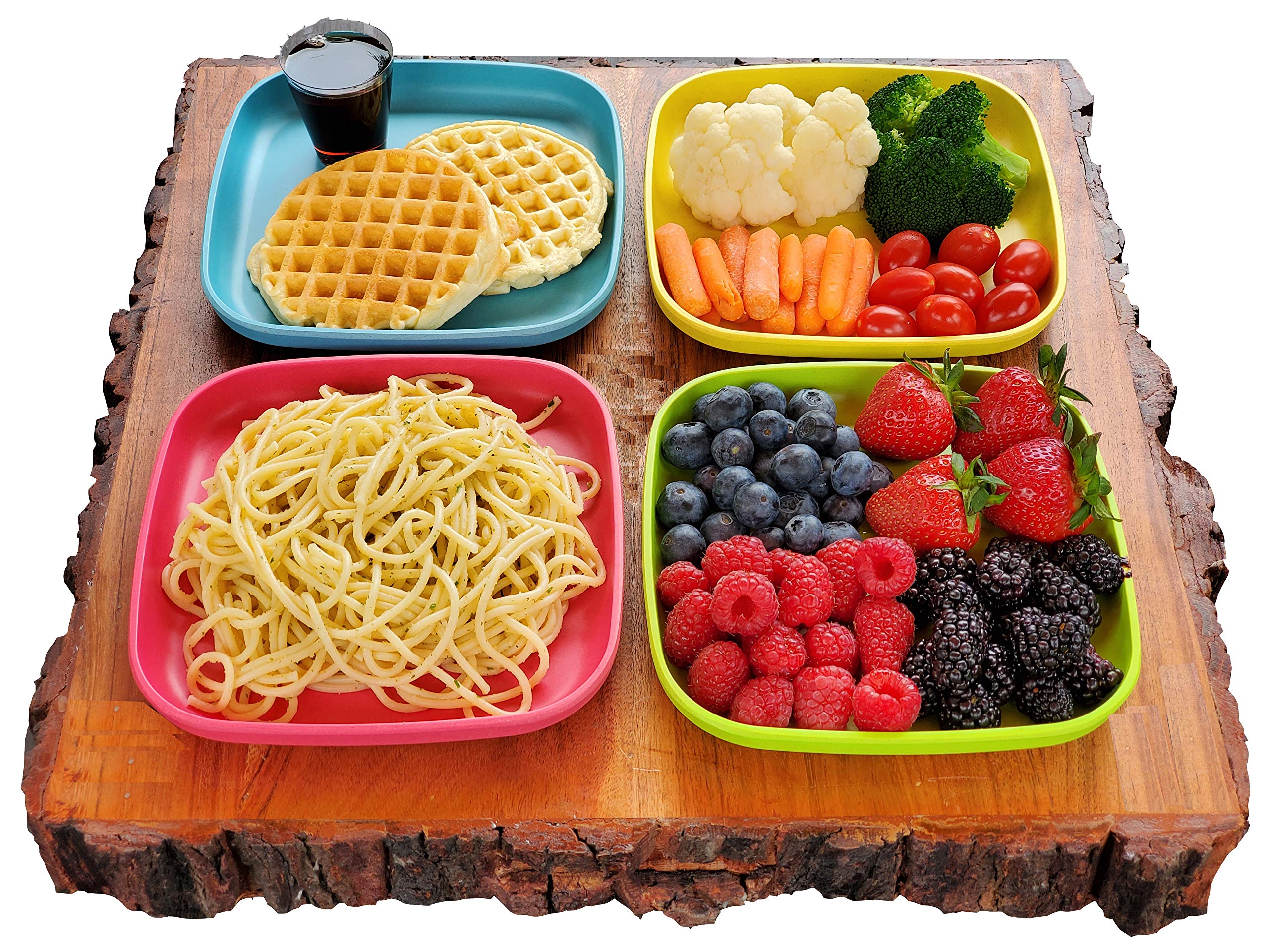 1 Click Bamboo Kids Plates, (4 Color Set), Stackable, Reusable, Deep sides for Easy Kids, Toddlers and Big Kids Feeding, Dishwasher Safe, Bamboo Dinnerware Set
