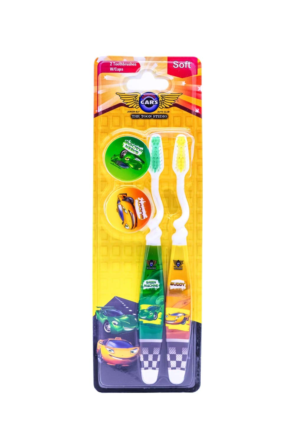 1-Pack The Toon Studio Car 2-Count Kids Toothbrush with Cap, Soft (Total 2 Toothbrushes)