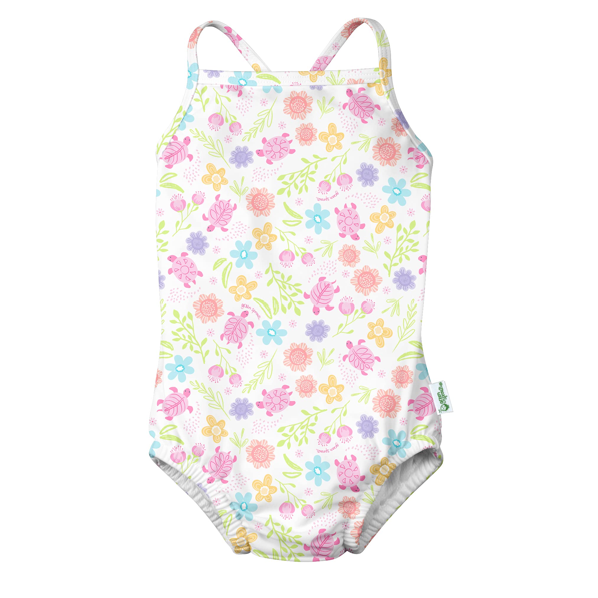 i play. by green sprouts baby girls One-piece Swimsuit With Built-in Reusable and Toddler Swim Diaper, White Turtle Floral, 6-12 Months US