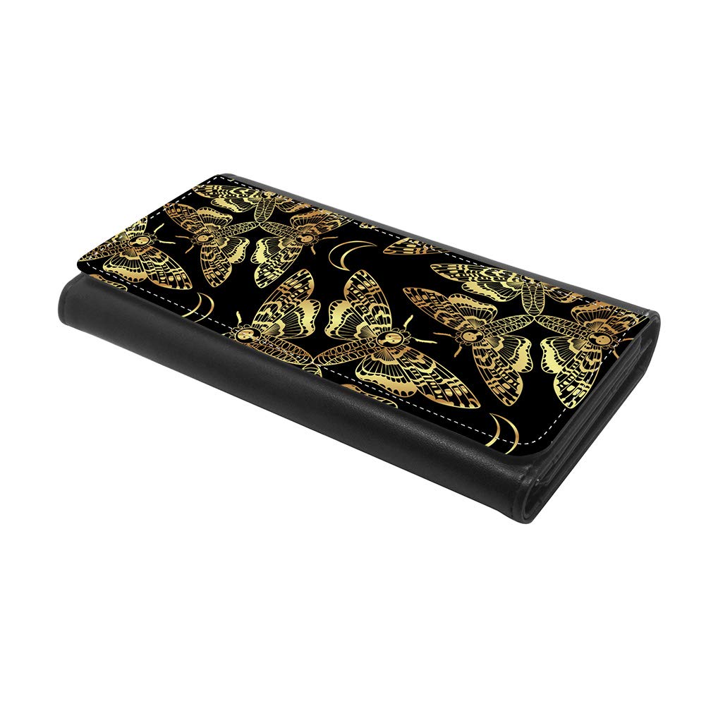 (Golden Death's Head Hawk Moth) women's Patterned Leather Buckle Trifold Wallet Bag Pouch Holster With Credit Card Holder insurance for smartphones