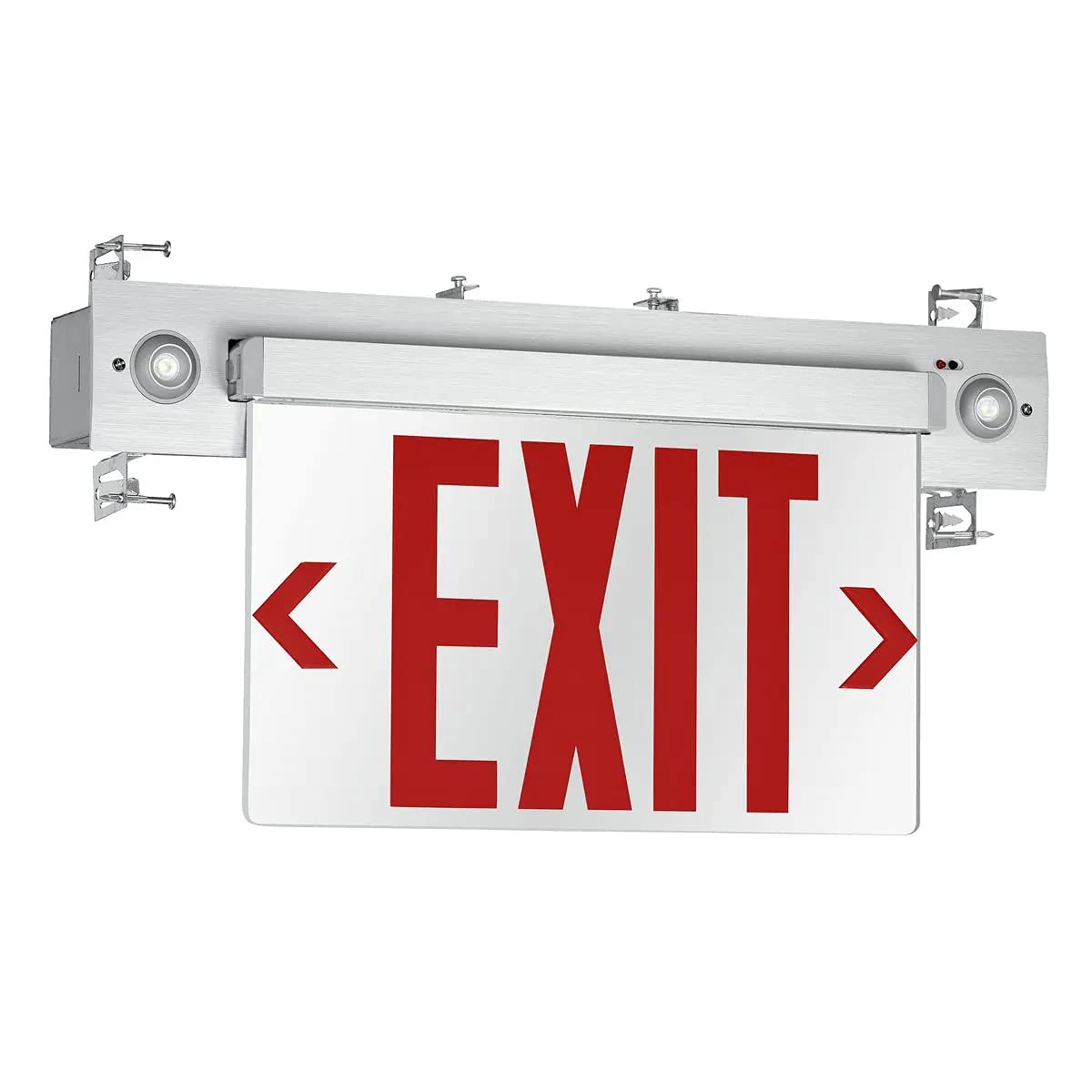 LB91610 Recessed Edge-Lit Red Exit Sign, 120-277V Double Face LED Combo Emergency Light with Adjustable Two Head and Backup Battery, NYC Approved 8” Lettering, UL Certified