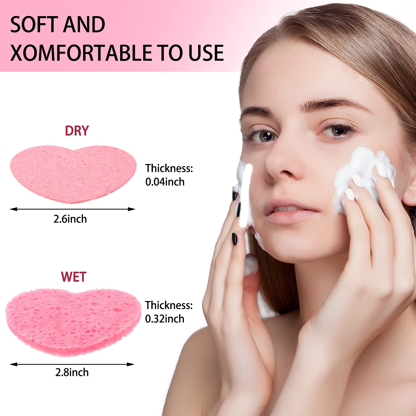 100 Pieces Heart Shape Facial Sponges Compressed Natural Cellulose Sponge Reusable Cosmetic Makeup Remover Sponge Face Cleansing Natural Sponge for Face Cleansing Exfoliating (Pink)