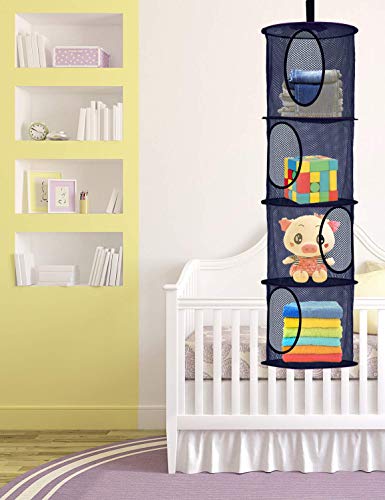 2Pcs Foldable Hanging Storage Mesh Space Saver Bags Organizer,Foldable Suspension Storage 4 Compartments Toy Storage Organizer for Kid Room Toys, Gloves,Hats,Socks Storage 43.5"x 12" Dark Blue