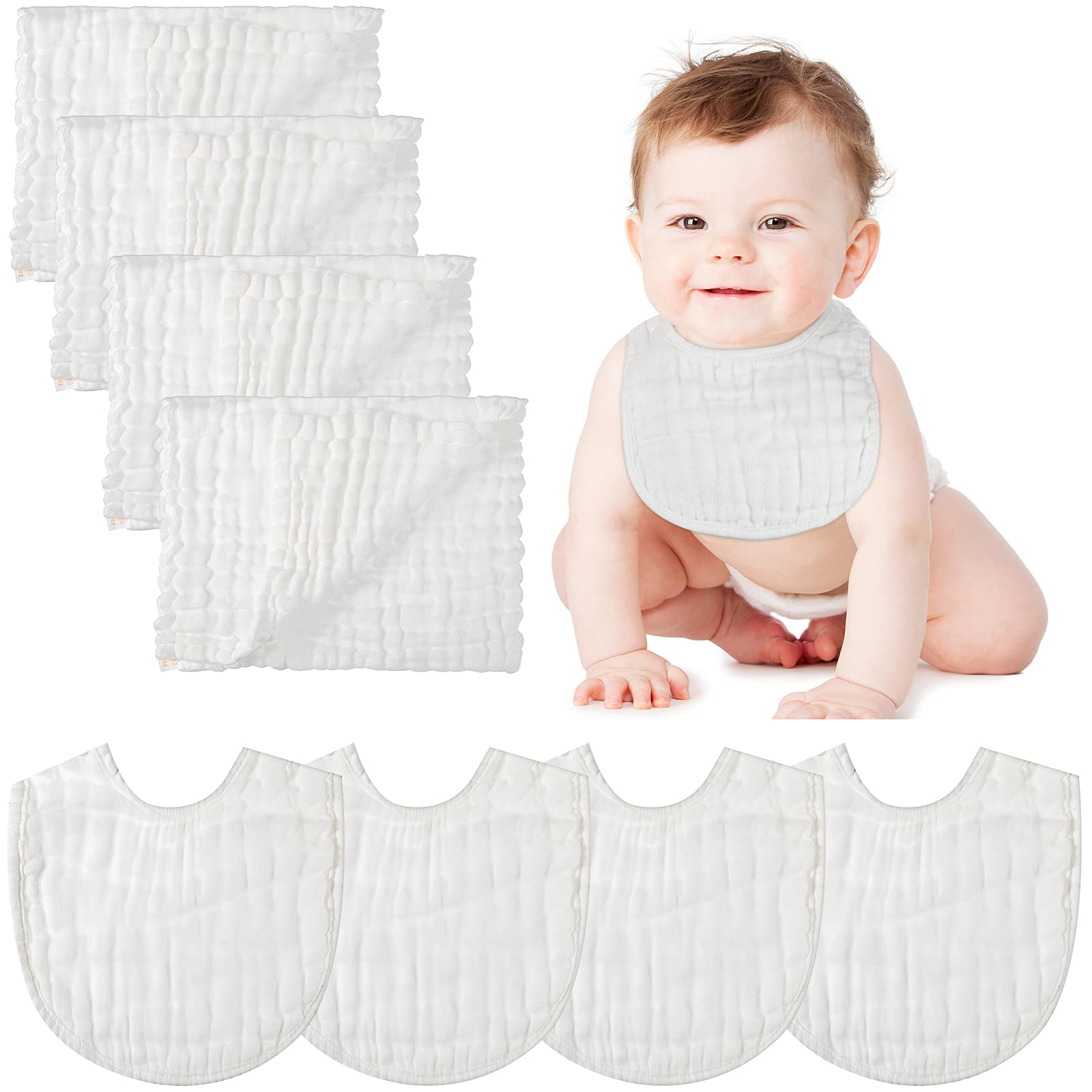 Huukeay 8 Pieces Muslin Burp Cloth Baby Bandana Drool Bibs Set Soft Baby Muslin Washcloths Adjustable Baby Scarf Bibs 6-Layer Absorbent Burp Towels for Baby Infant Newborn Teething and Drooling