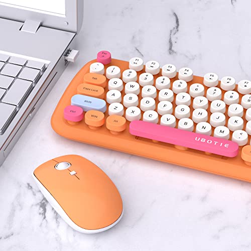 Colorful Wireless Computer Keyboards Mouse Combos, UBOTIE Polychrome Round Keycaps Retro PC Keyboards 2.4GHz Radio Frequency Connection with Optical Mouse(Orange-Colorful)