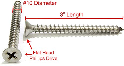 #10 x 3", (25 pcs), Stainless Flat Head Phillips Wood Screw, 18-8 (304) Stainless Steel Screws by Persberg P100-89