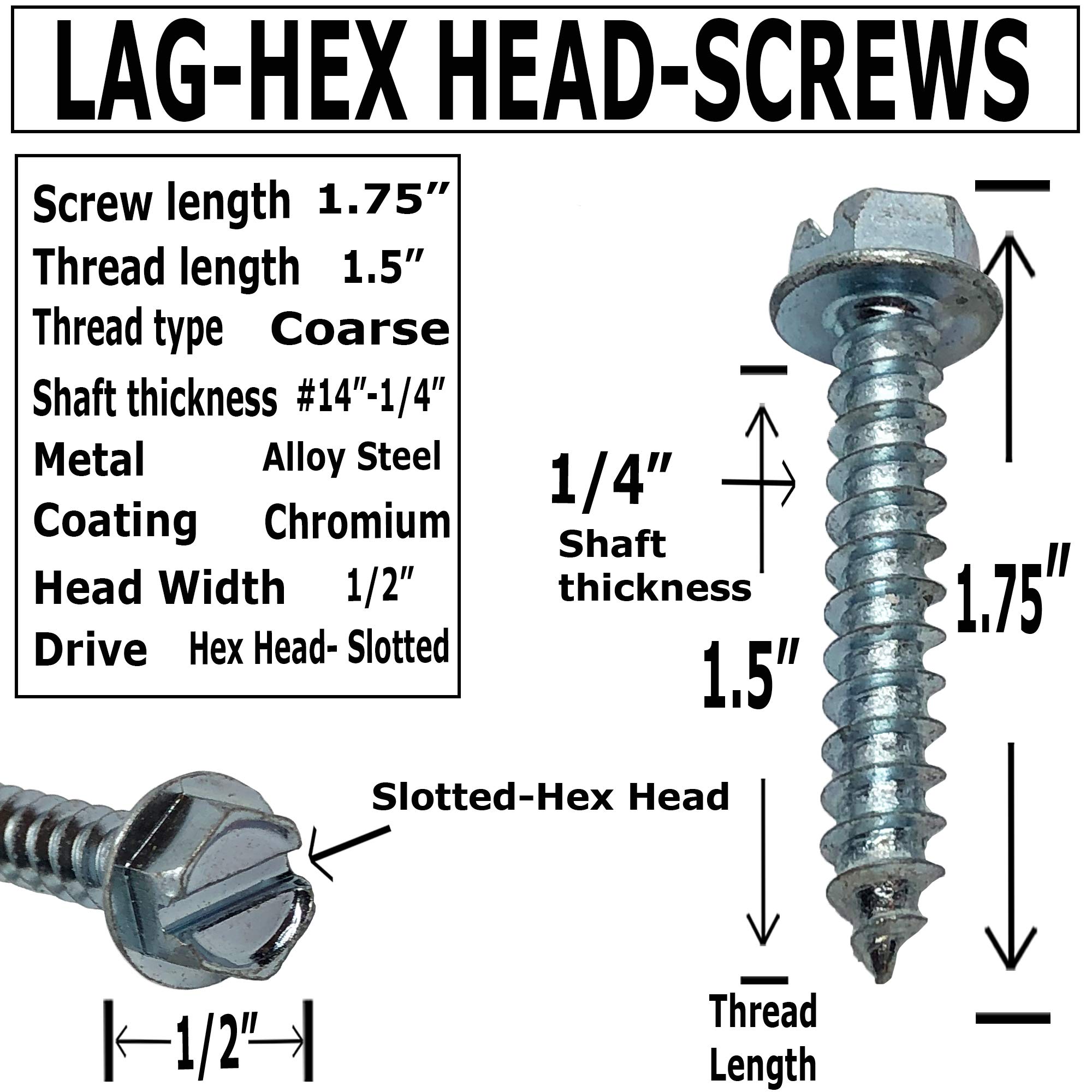 1.5" - #14 Lag Screw - Hex Head - Slotted Flange Head - Coarse Thread - Grade A-Zinc Coated 1-1/2 in x 1/4 in - Heavy Duty Wood Screw (50)