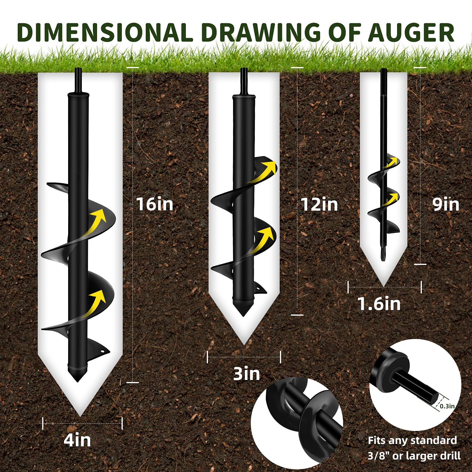 Auger Spiral Drill Bit for Planting Bulb Flower & Bedding, Garden Plant Auger, Upright or Umbrella Hole Diggers, Includes 3 Heavy Duty Cast Aluminum Garden Hand Shovels (6 Pieces)