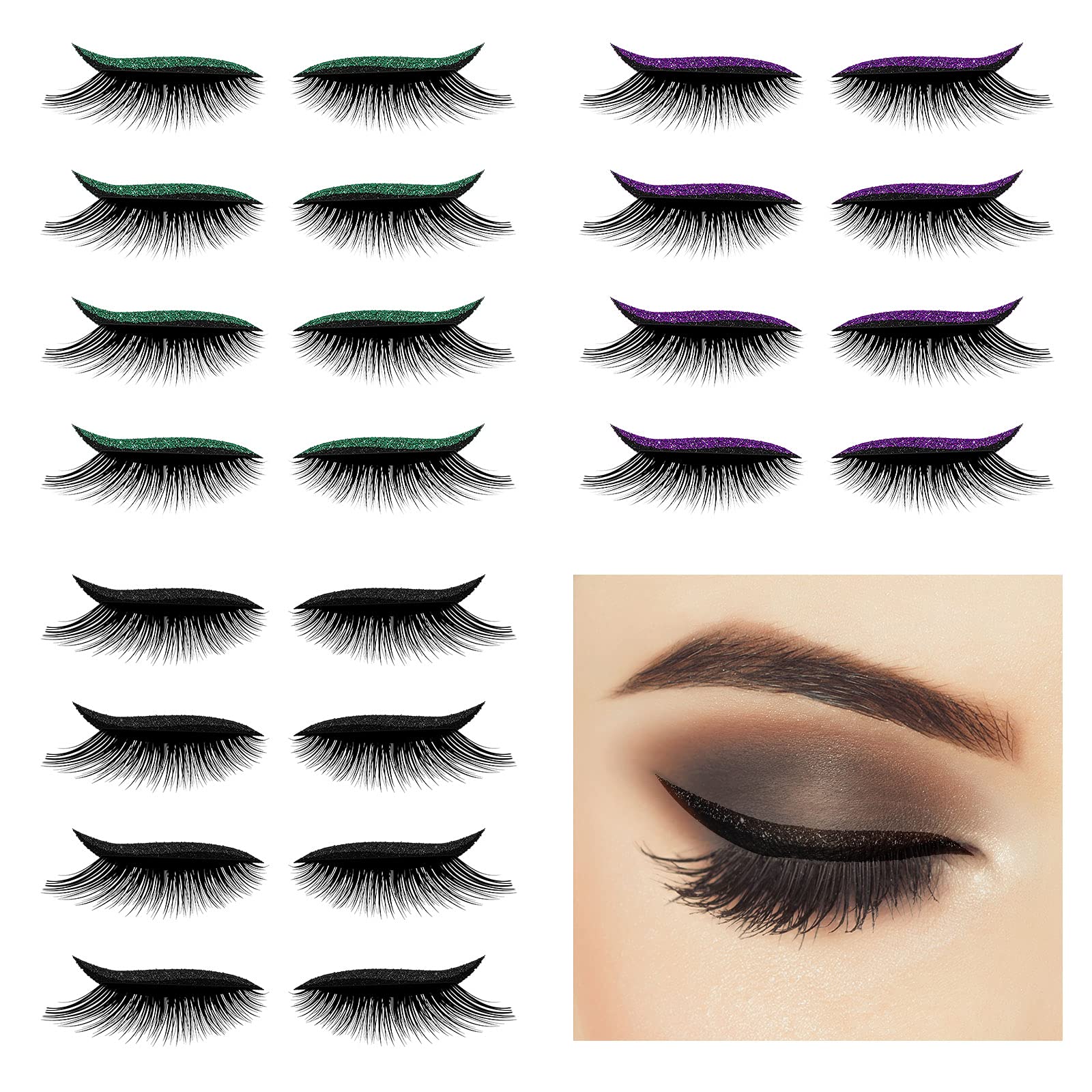 12 Pairs Eyeliner Stickers with Eyelash Reusable Waterproof Glitter Eyeliner Eyelash Stickers Self-adhesive Eye Liners Strip Stickers Eye Makeup Tool for Girl Make up Cosplay (Green, Black, Purple)