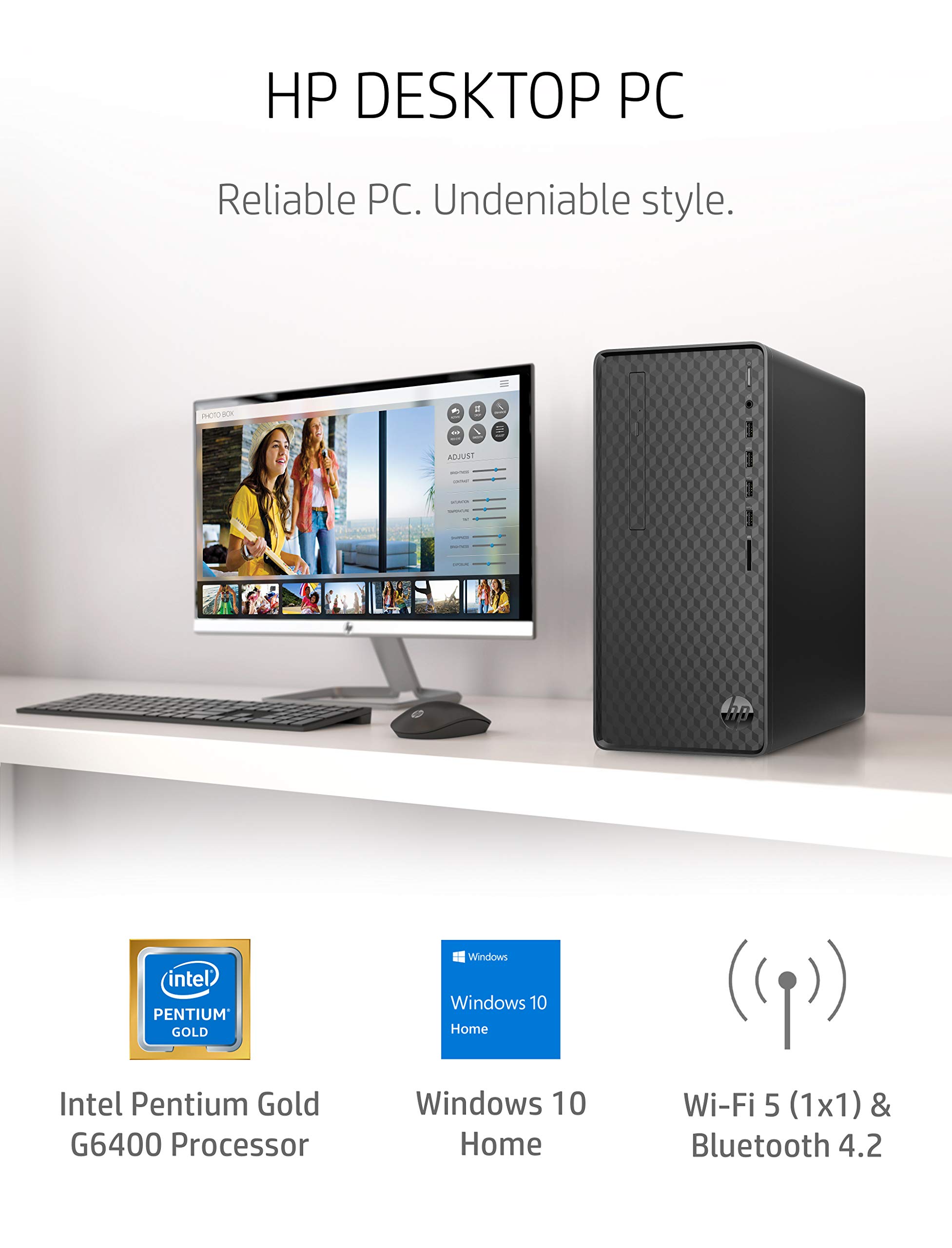 HP Desktop PC, Intel Pentium Gold G6400 Processor, 8 GB of RAM, 256 GB SSD Storage, Windows 10 Home, High-Speed Performance Computer, 8 USB Ports, Business, Study, Videos, & Gaming (M01-F1014, 2020)