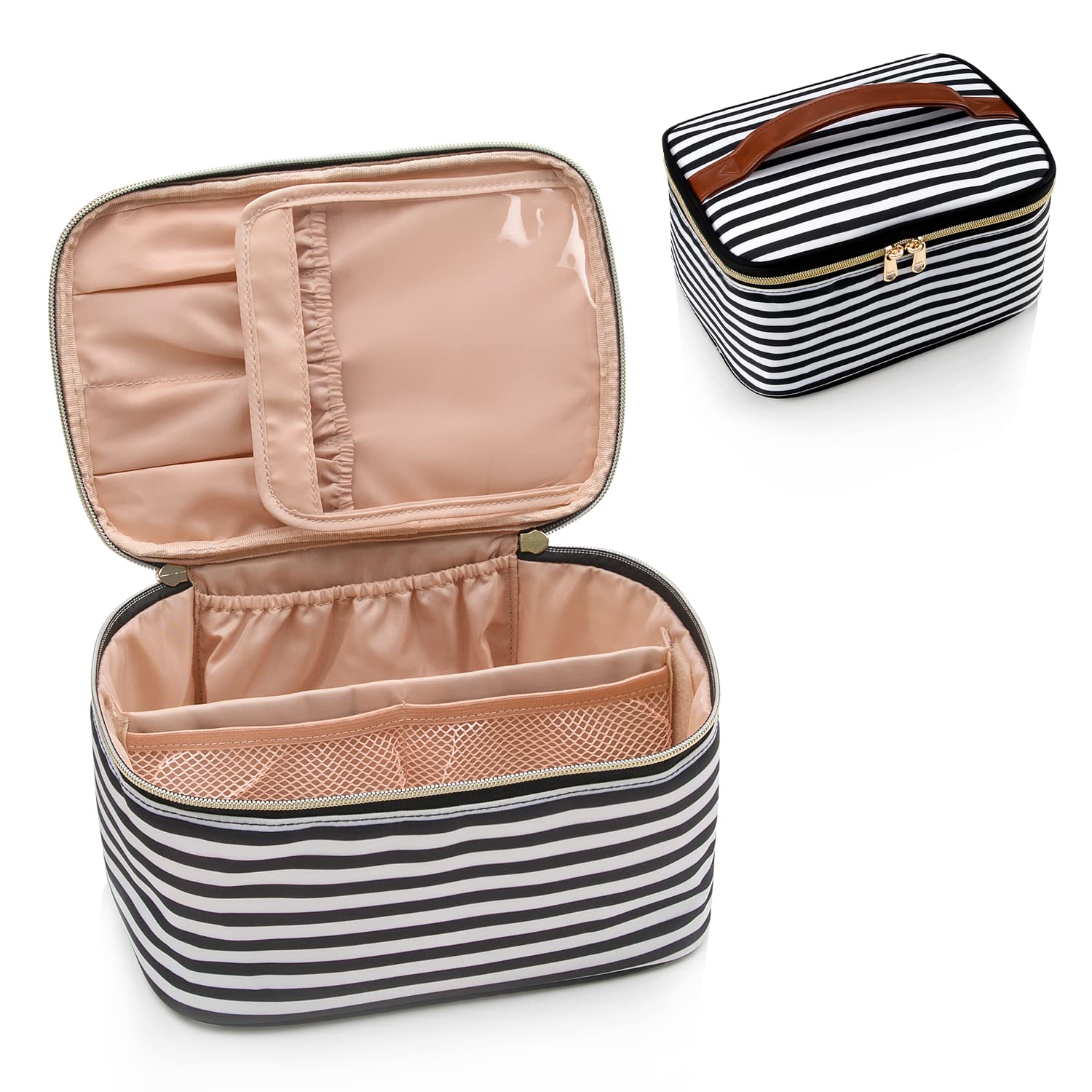 OCHEAL Makeup Organizer Bag, Travel Makeup Bag Organizer Case Portable Cosmetic Bag Make Up Bag for Women And Girls Cosmetics Toiletries with Brushes Slots and Divider-Black/White Stripes