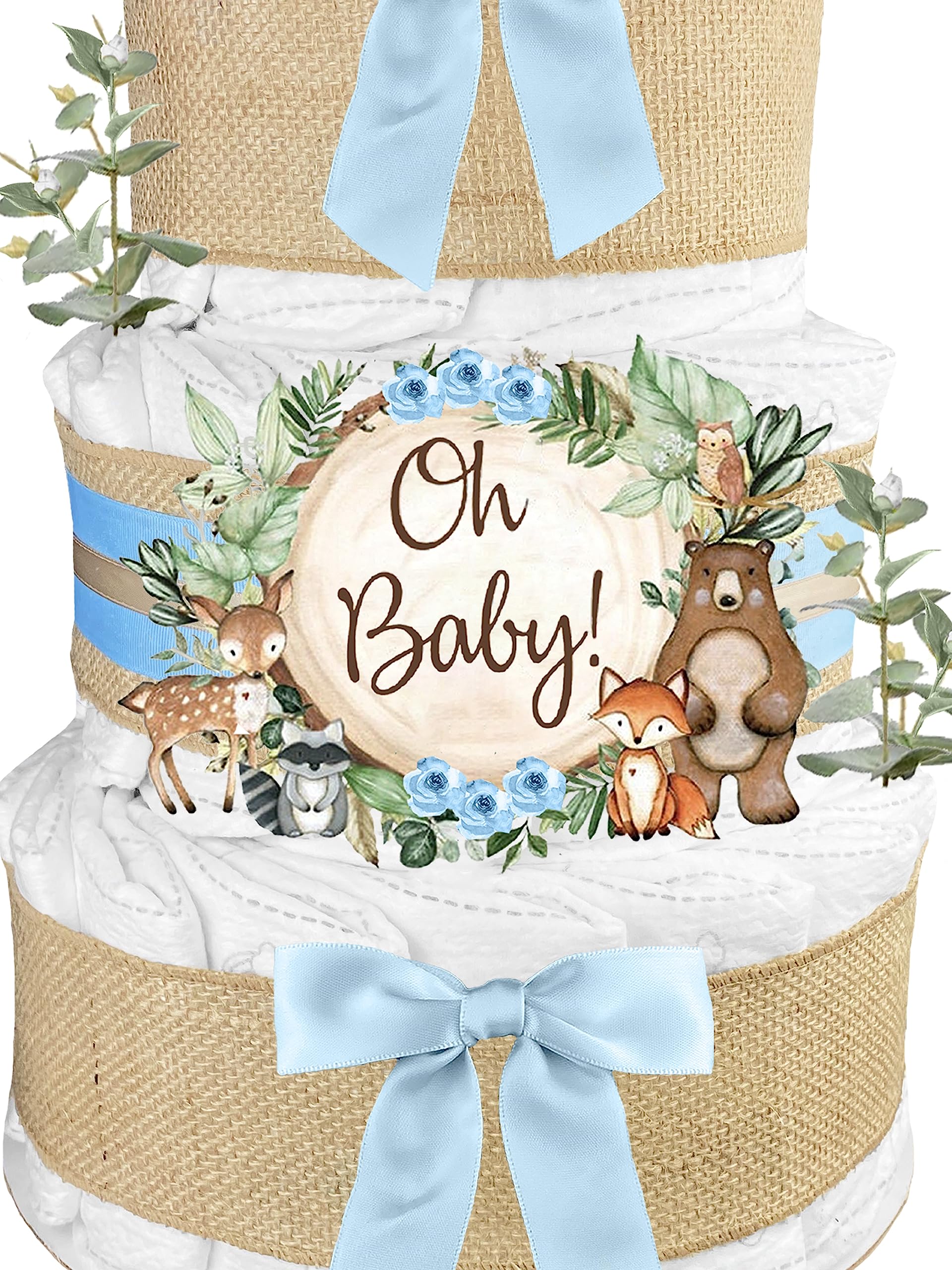 Woodland Creatures Diaper Cake - Baby Gift for a Boy - Burlap and Blue