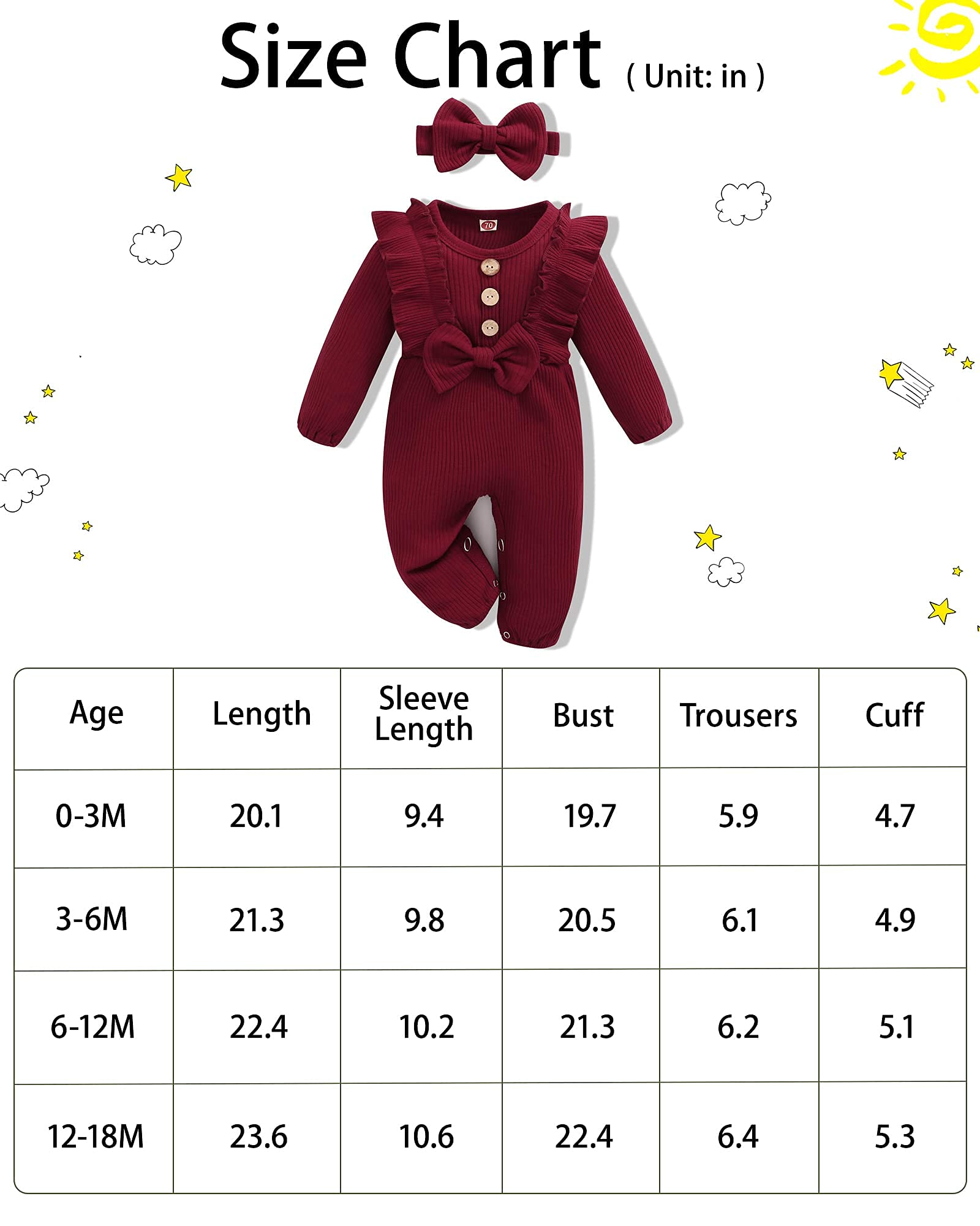 nilikastta Baby Girls Clothes Newborn Infant Ruffle Long Sleeve Romper Jumpsuit(Wine Red2,0-3M)