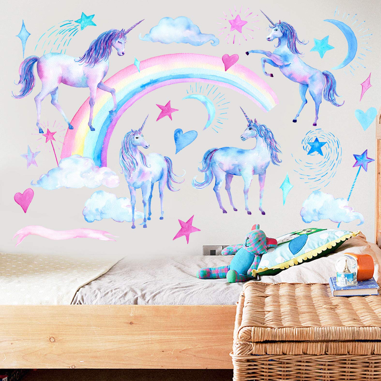Wajade Unicorn Wall Decals, 2 Sheets Unicorn Rainbow Peel and Stick Wall Stickers Removable Wall Decor for Girls Kids Bedroom Nursery Playroom Decor