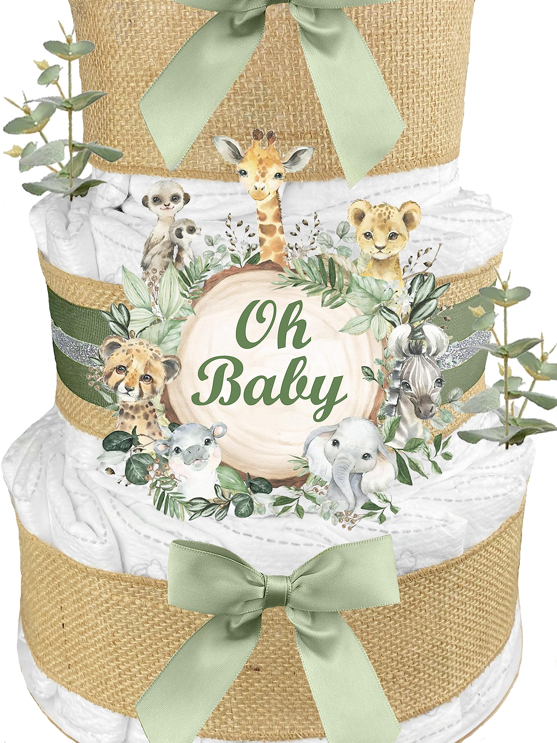 Safari Diaper Cake - Gender Neutral Baby Gift - Gender Reveal - Burlap and Sage Green