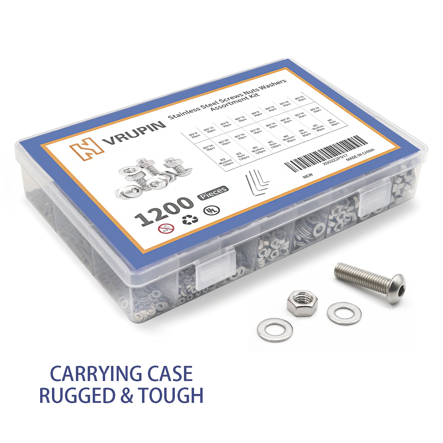 1200 PCS Nuts and Bolts Assortment Kit, Metric M2 M3 M4 M5 Machine Screws, Stainless Steel 304 Hex Socket Head Cap Bolts and Nuts Kit.