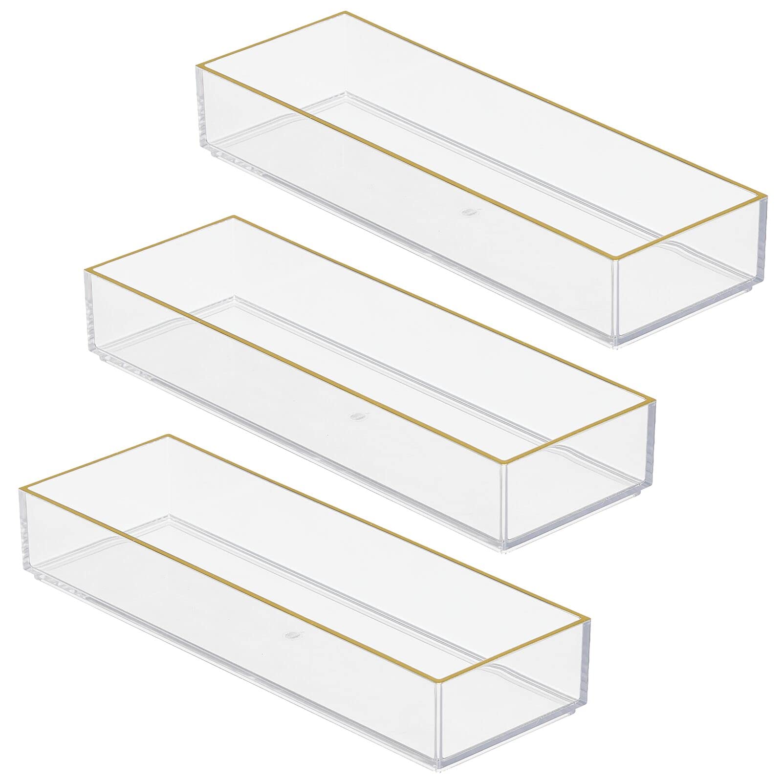 mDesign Slim Plastic Drawer Organizer, Storage Container for Cosmetics, Makeup, and Accessories on Bathroom Vanity, Countertop, or Cabinet - Lumiere Collection - 3 Pack - Clear/Soft Brass