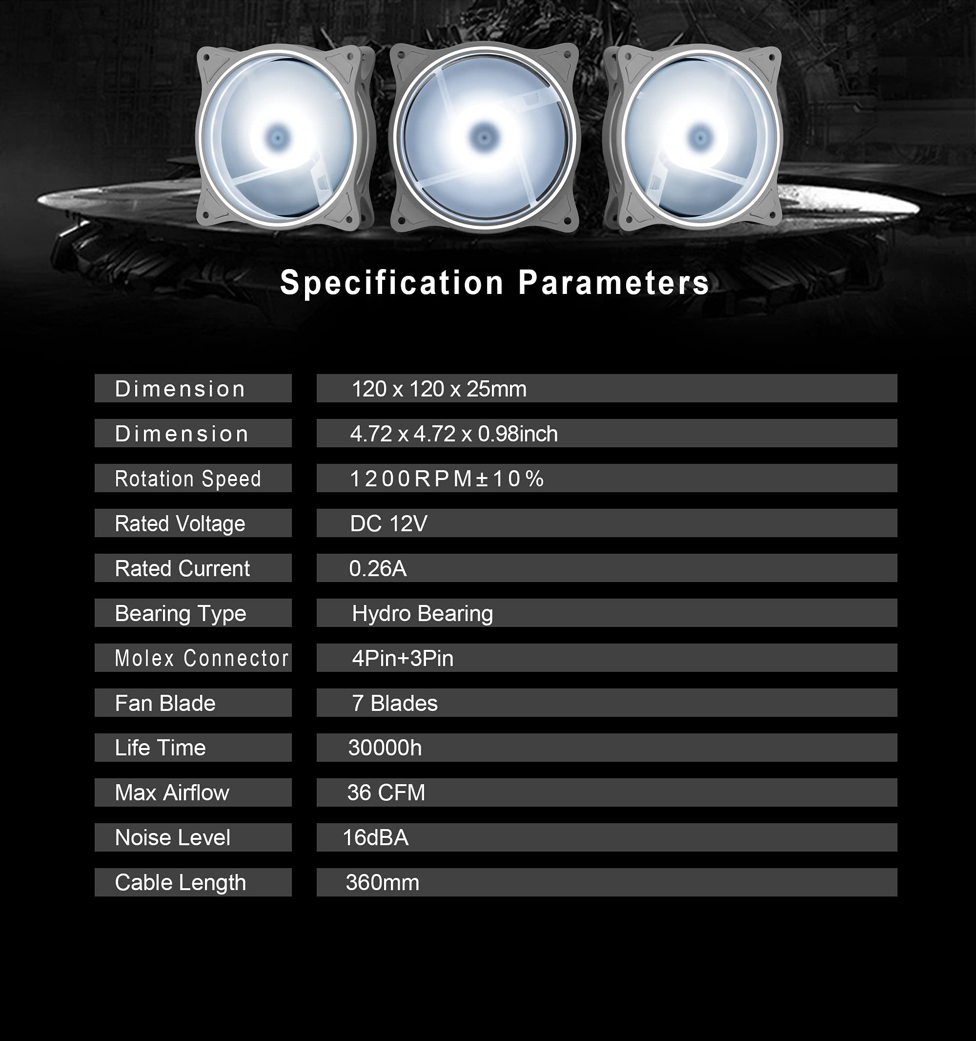 120mm Computer PC Cooling Fan White LED Game Case Cooler Fan Quiet 12V Computer PC Fan with Triple Light Loop 3-Pack