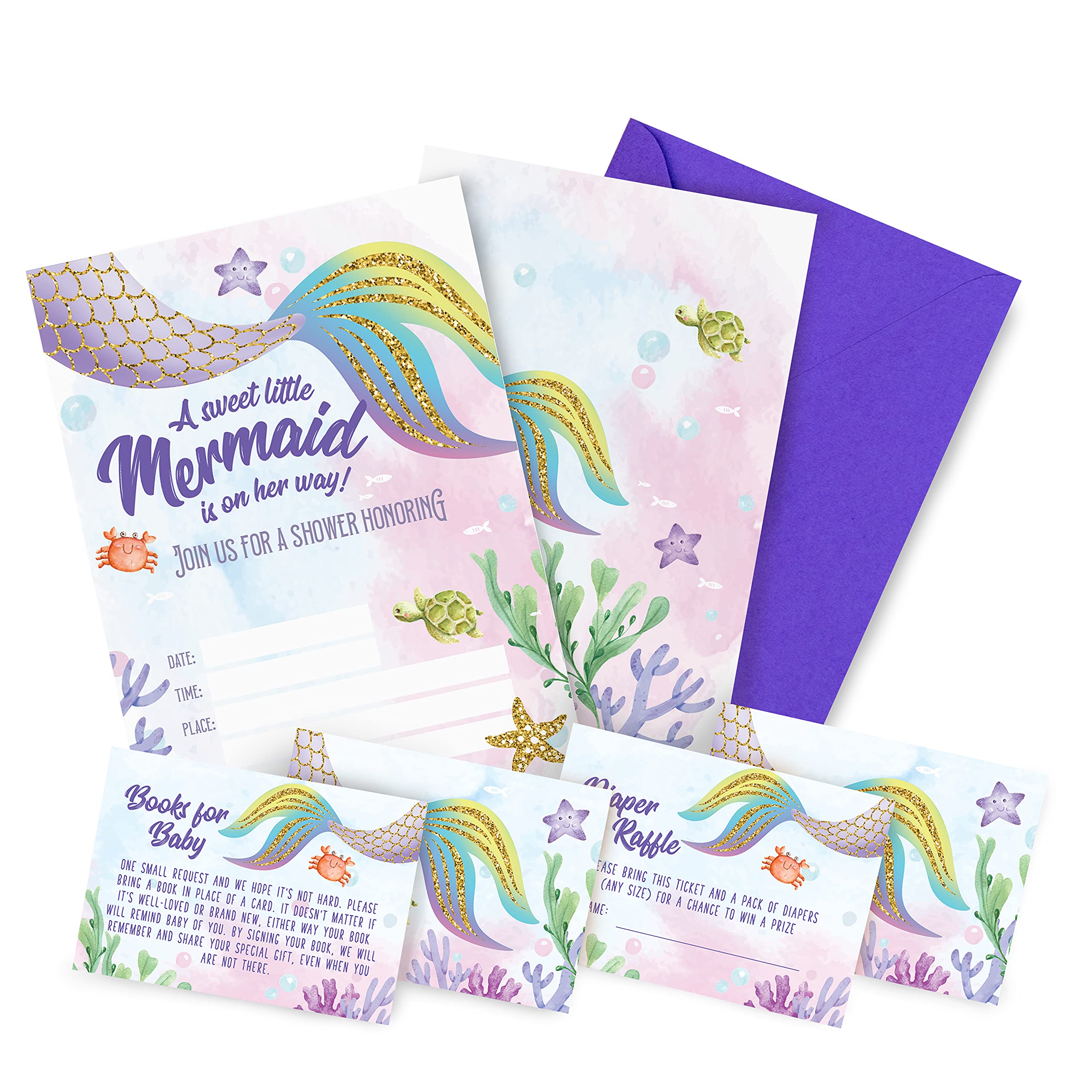 Mermaid Baby Shower Invitations with Envelopes Pack of 20 | Mermaid Birthday Invites 5" x 7" Cards - Ideal for Under-the-Sea Party Decorations & Ocean Party Supplies for Girls
