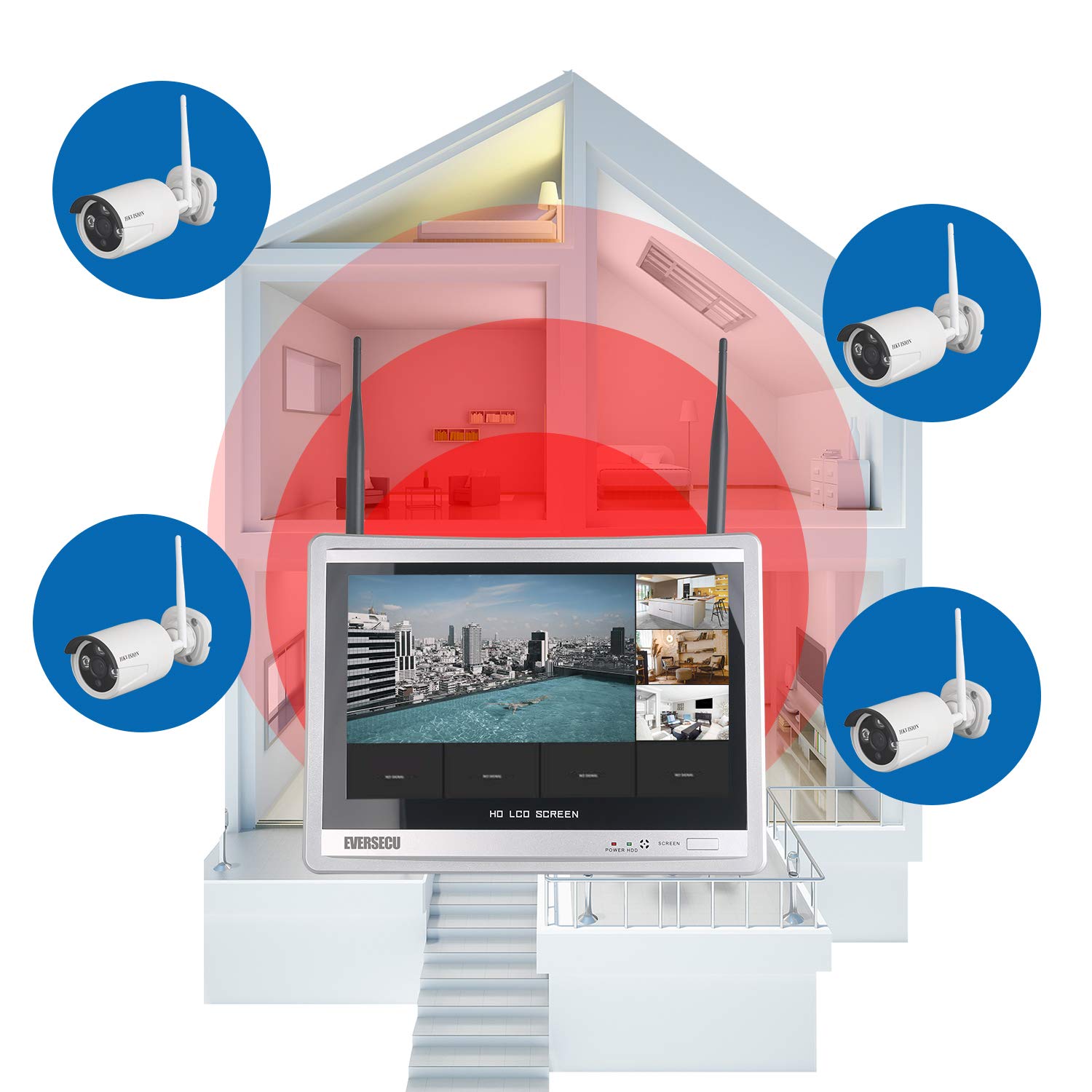 [8CH Expandable] 2K 3MP Home Security Cameras System with 12 Inch Monitor & NVR Combo Surveillance Kits, 8 Channel Cameras CCTV System with 4Pcs Wireless Video 3.0MP IP Cameras,Free APP(No HDD)