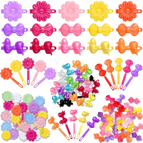 108 Pieces Self Hinge Hair Barrettes for Girls Plastic Hair Barrettes Baby Girl Barrettes 80s 90s Flower Bow Cartoon Design Hair Pins for Baby Girls Toddlers (Cute Style)