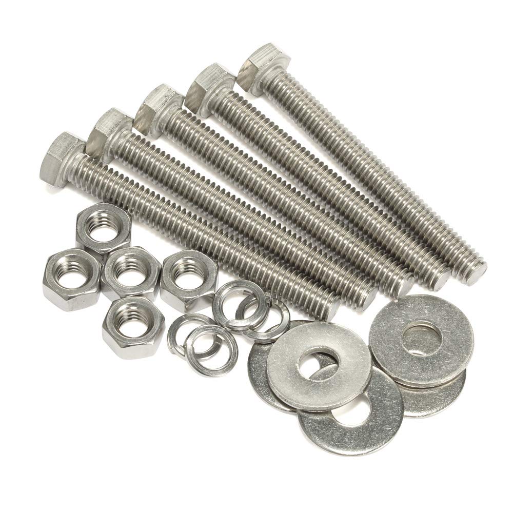 1/4-20 x 3 Hex Head Cap Screws Bolts and Nuts, Flat Washers, Spring Washers, Stainless Steel 18-8 (304), 10 Sets