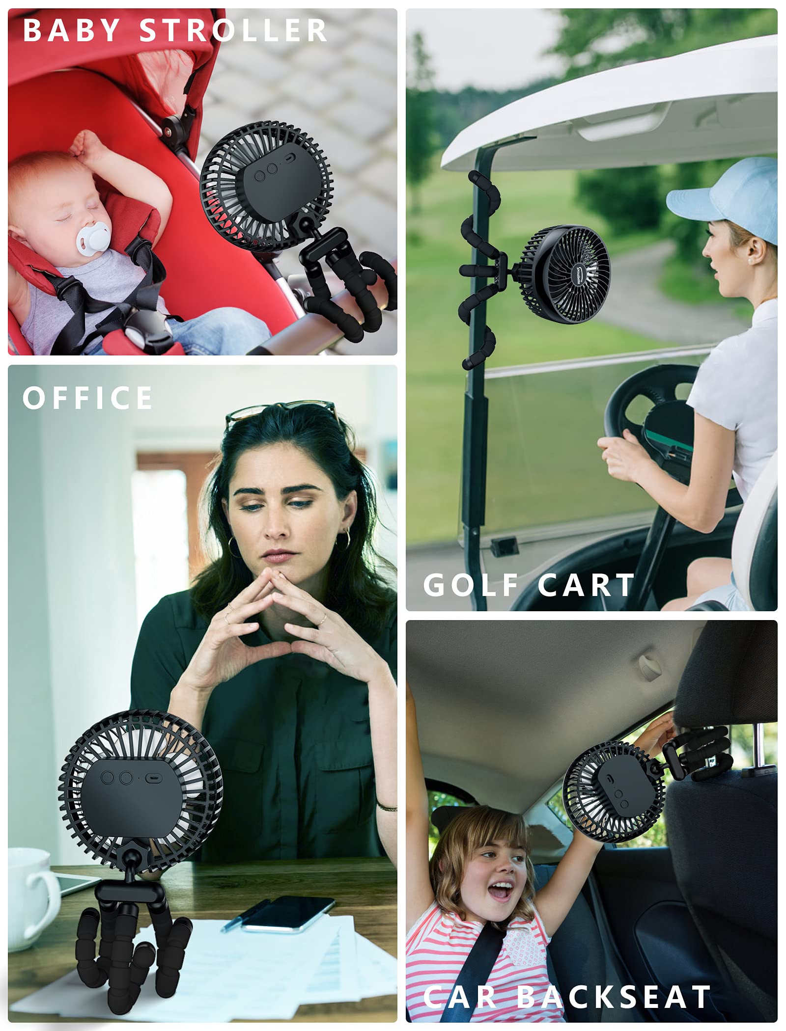 10000 mAh Portable Stroller Fan with 3 Mode LED Lights, Battery Operated Clip on Fan with Flexible Tripod, Rechargeable Desk Fans, 4 Speeds, Max 63 hrs, USB Powered,360°Rotation, for Car, Camping