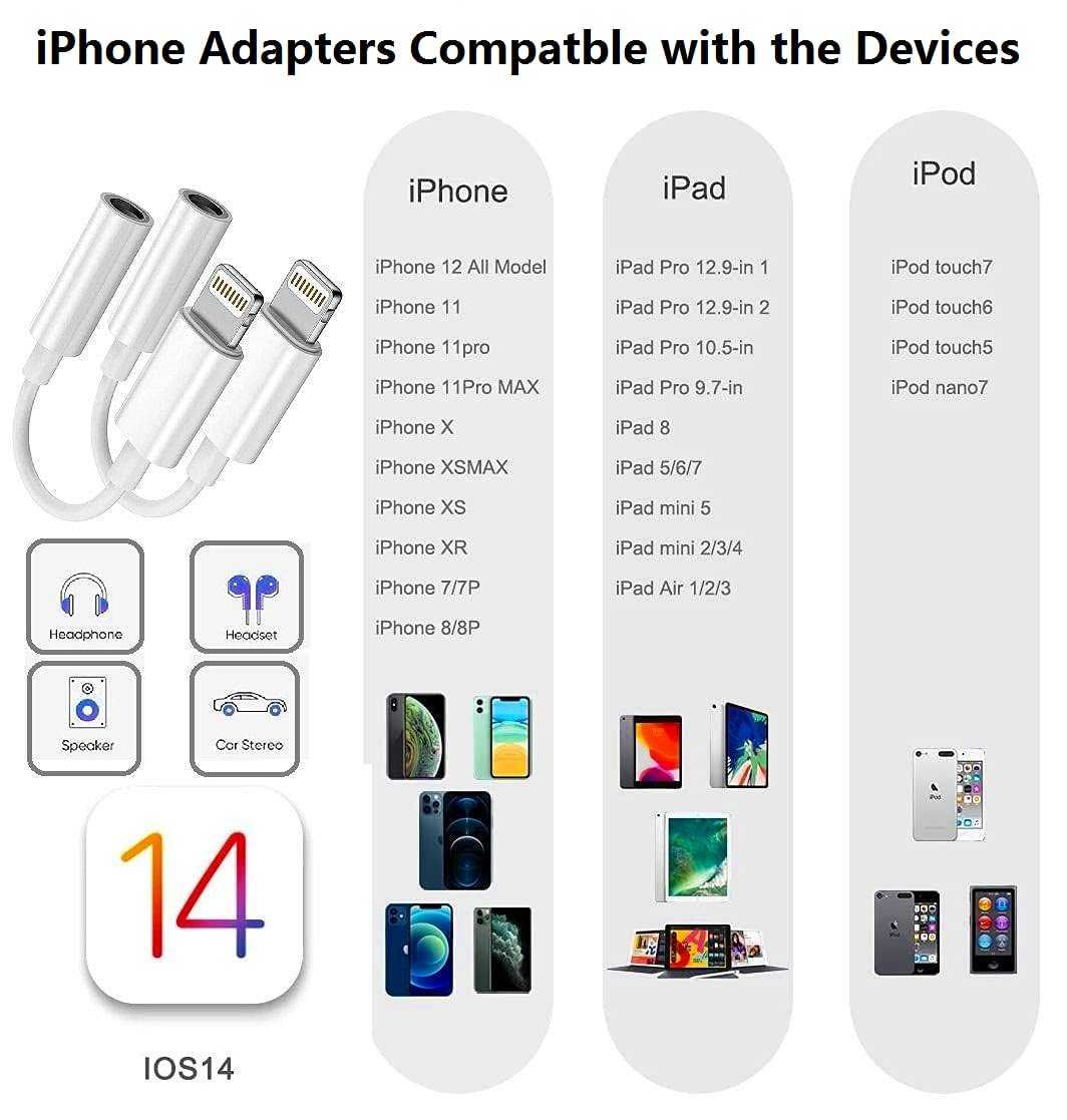 [Apple MFi Certified] 3.5mm Headphones Adapter for iPhone, 2 Pack Lightning to 3.5mm Earphones/Headphones Jack Aux Audio Adapter Dongle for iPhone 12 11 XS XR X 8 7 iPad, Support iOS 14 and More