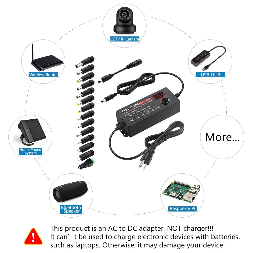 SHNITPWR Universal AC to DC Adapter 3V ~ 24V 2A 48W Switching Power Supply 3V 5V 6V 9V 12V 15V 18V 19V 20V 24V 1A 1.5A 2 Amps Adjustable AC/DC Converter Transformer with 14 Tips & Polarity Converter