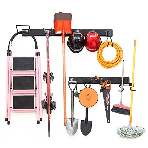 Homeon Wheels Tools Storage Rack system, for Room, Garage Organizer &Garden Organizer, Heavy-duty Solid and Easy to Install, Holds 10 hooks & Max 420 lbs, Holds Shovels, Rakes, Maps, Skis and Bikes