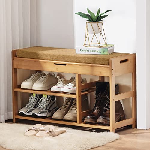 APICIZON Bamboo Shoe Storage Bench, Entryway Bench with Lift Top Storage Box, Shoe Organizer for Entryway with Cushion, 2-Tier Shoe Rack Organizer for Entryway, Bedroom, Hallway, Nature