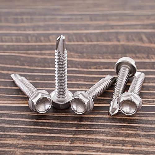 #12 x 1-1/2" Sheet Metal Screws Hex Washer Head Self Drilling Screw with Drill Point, Hex Drive, 410 Stainless Steel Self Tapping, 50 PCS