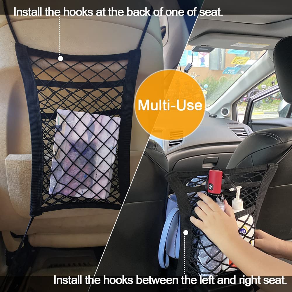 Dog Car Net Barrier with Auto Safety Mesh Organizer Baby Stretchable Storage Bag Between Seats Universal for Cars, SUVs -Easy Install,Safer to Drive with Children and Pets… (3 Layers)