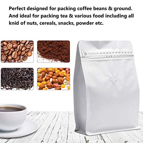 50 Pieces 12 Ounce White Kraft Paper Coffee Bags, Stand Up Coffee Pouches with One Way Degassing Valve and Reusable Side Zipper (Pull Tab to Open) Flat Bottom - Stand Up Well (12oz, 340gram)