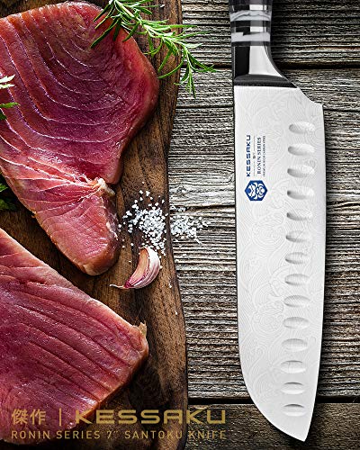 KESSAKU 7-Inch Santoku Knife - Ronin Series - Granton Edge - Forged High Carbon 7Cr17MoV Stainless Steel - Pakkawood Handle with Blade Guard