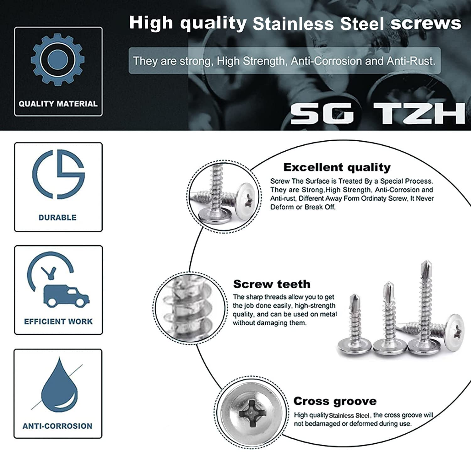 #8 x 3/4" Sheet Metal Screws 100PCS 410 Stainless Steel Truss Head Fast Self Tapping Screws by SG TZH